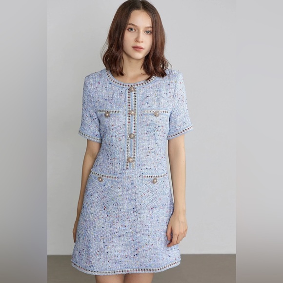 J.ING | Dresses | Jing Librada Tweed Blue Button Short Sleeve Mini ...